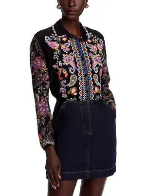 Johnny Was Mills Embroidered Silk Shirt - Black