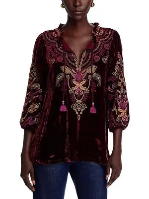 Johnny Was Embroidered Velvet Top - Blackberry