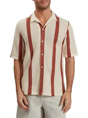 Ted Baker London Niks Short Sleeve Striped Crochet Regular Fit Button Down Shirt - Taupe
