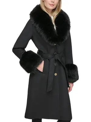 Karl Lagerfeld Paris Wool Blend Faux Fur Trimmed Coat - Black