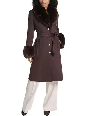 Karl Lagerfeld Paris Wool Blend Faux Fur Trimmed Coat - Java