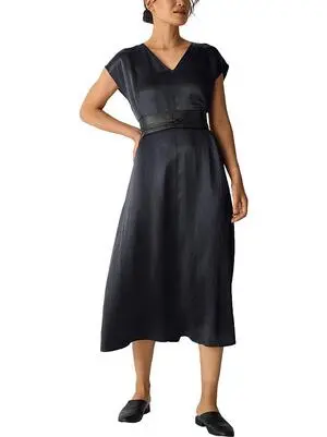 Eileen Fisher Satin V-neck Midi Dress - Graphite