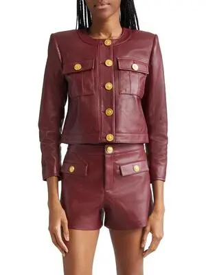 L'Agence Deidra Lambskin Leather Crop Jacket - Black Cherry
