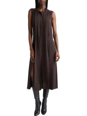 Michael Kors Pleated Tie Neck Sleeveless Silk Shirtdress - Chocolate