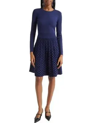 Emporio Armani Velvet Check Long Sleeve Sweater Dress - Solid Dark Blue