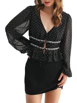 ALL IN FAVOR Lace Inset Tie Front Top - Black White Dot