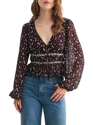 ALL IN FAVOR Lace Inset Tie Front Top - Burgundy Cream Daisy