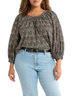 Treasure & Bond Long Sleeve Print Top - Black- Ivory Coco Fan