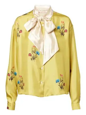 Marni Floral Tie-neck Silk Satin Blouse - Yellow