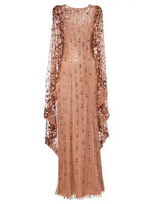 Jenny Packham Blaize Caped Embellished Gown Pink