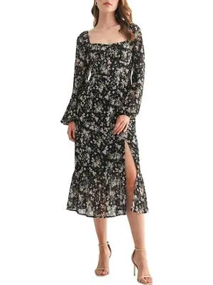 ALL IN FAVOR Floral Long Sleeve Ruffle Hem Midi Dress - Black Pink Floral