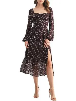 ALL IN FAVOR Floral Long Sleeve Ruffle Hem Midi Dress - Burgundy Cream Daisy