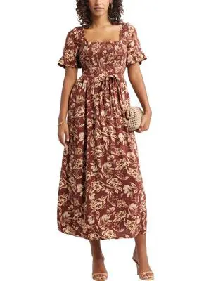 Chelsea28 Smocked Ruffle Bodice Maxi Dress - Brown Frannie Floral