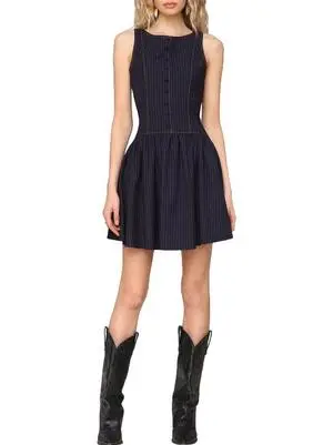 Avec Les Filles Drop Waist Boat Neck Mini Dress - Navy/gold Pinstripe