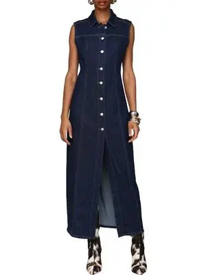Avec Les Filles Sleeveless Denim Maxi Shirt Dress - Royal Wash