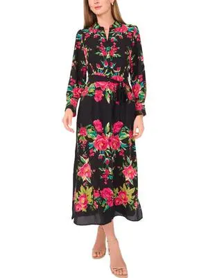 Vince Camuto Floral Print Tie Belt Midi Shirtdress - Wild Raspberry