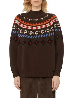Max Mara Fair Isle Jacquard Virgin Wool Mock Neck Sweater - Chocolate