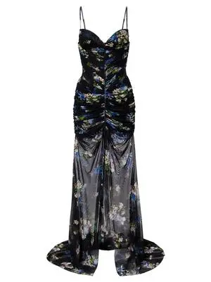 Blumarine Floral Ruched Sheer Gown - Black