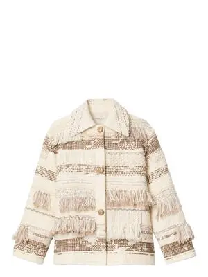 Lafayette 148 New York Interlace Jacquard Fringe Button Coat - Cloud Multi