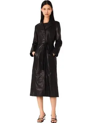 Maje Long Leather Trench Coat - Black