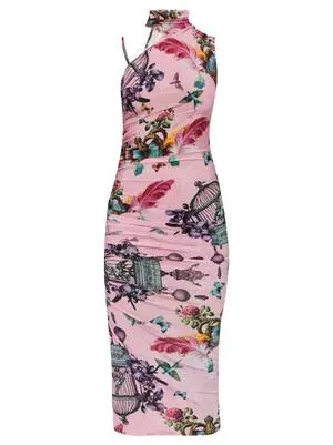 Versace Birdcage-print High-neck Midi Dress - Pink
