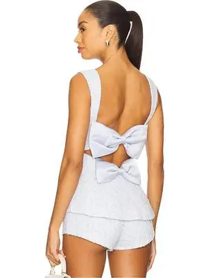 NANA JACQUELINE Anabella Tweed Top With Rhinestone Embellishments And Bow Accents - Light Blue