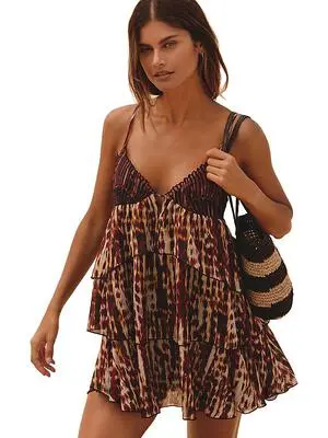 CELANDINE Shell Cutout Mini Babydoll Dress - Brown Pattern