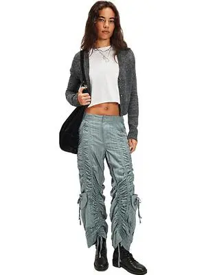 Free People Shirred Mid-rise Cargo Pants - Steel Sea