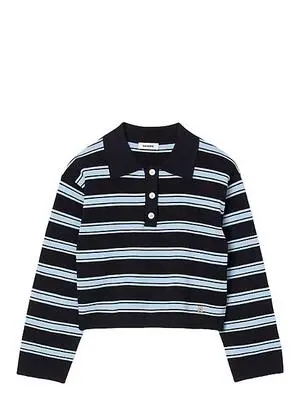 Sandro Striped Long-sleeve Knitted Polo Sweater - Navy Blue