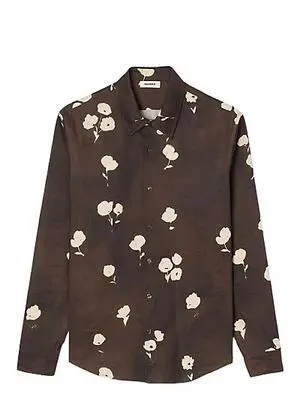 Sandro Floral-print Pointed-collar Linen Blend Shirt - Chocolate