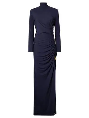 Bottega Veneta Embellished Ruched Jersey Turtleneck Maxi Dress - Blue