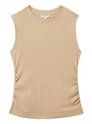 REISS Ruched Stretch-cotton Top - Camel