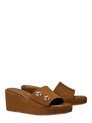 Tory Burch T Lock Suede Wedge Sandals - Cognac Brown