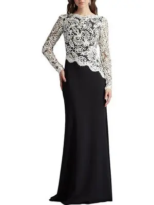Tadashi Shoji Randall Embroidered Crepe Gown - Black/ Ivory