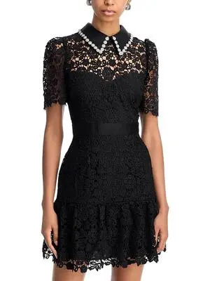 Aqua Pearl Trim Lace Mini Dress - Black