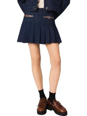 Maje Short Denim Pleated Mini Skirt With Lining - Navy