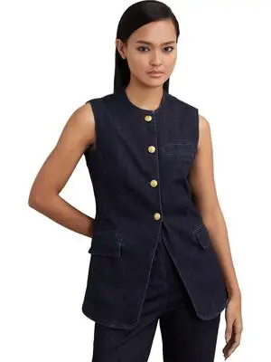 REISS Athena Denim Long-line Waistcoat - Dark Blue