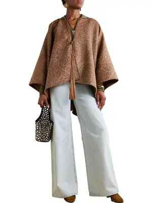 Etro Leather-trimmed Paisley-print Wool-blend Poncho - Brown