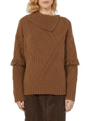 Max Mara Mastro Fringe & Cable Detail Virgin Wool Sweater - Hazelnut Brown