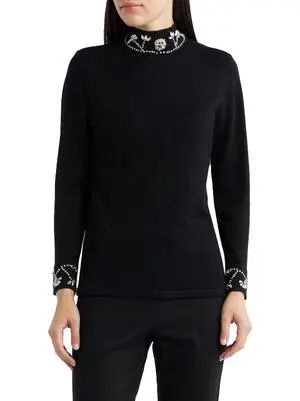 Anne Klein Embellished Mock Neck Sweater Anne Black