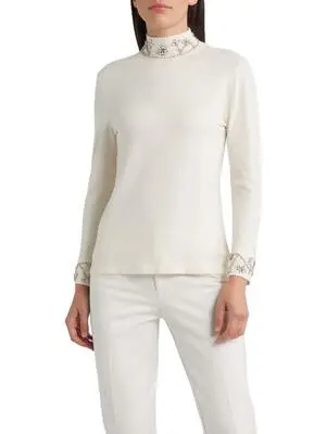Anne Klein Embellished Mock Neck Sweater - White Dove