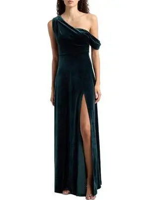 Lulus Anya Draped One-shoulder Velvet Gown - Emerald