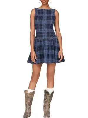 Avec Les Filles Plaid Drop Waist Mini Dress - Royal Blue Plaid