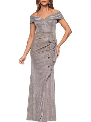 XSCAPE EVENINGS Cascade Ruffle Detail Off The Shoulder Metallic Knit Gown - Sand
