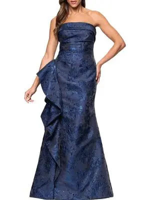 XSCAPE EVENINGS Strapless Ruffle Brocade Gown - Navy