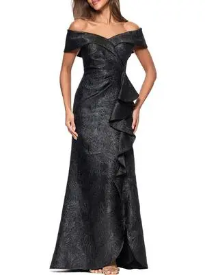 XSCAPE EVENINGS Brocade Off-the-shoulder Gown With Ruffle Detail - Black