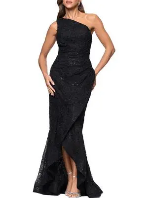 XSCAPE EVENINGS Sequin Embroidery One-shoulder High-low Gown - Black