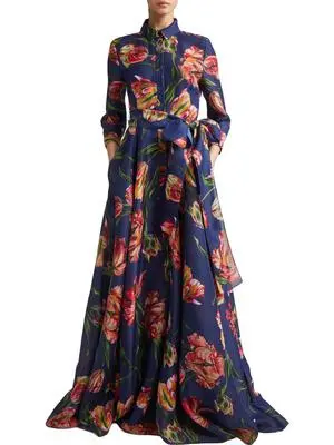 Carolina Herrera Tulip Print Silk Gazar Trench Gown - Dark Navy Multi