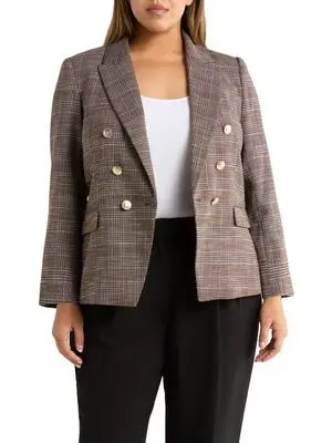 TAHARI ASL Plaid Double Breasted Blazer Espresso