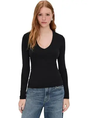 JAMES PERSE Stretch Rib Double Front Deep V Tee Black